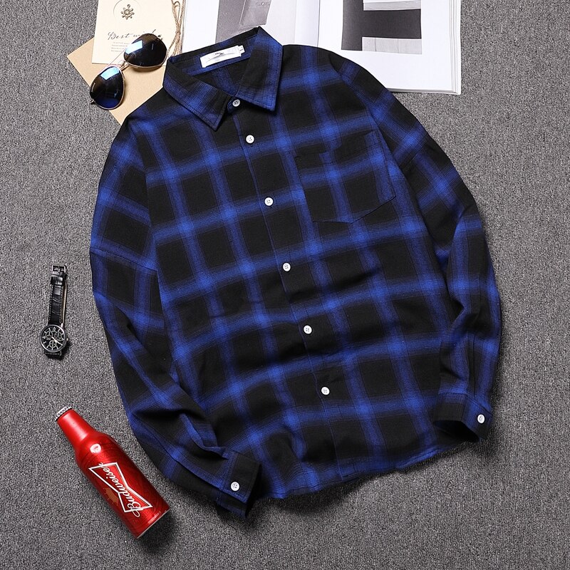 Ulzzang Men Shirt Long Sleeve Plaid Top Harajuku C... – Grandado