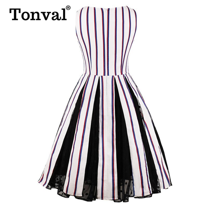 Tonval Retro Style Square Neck Striped Contrast Me... – Vicedeal