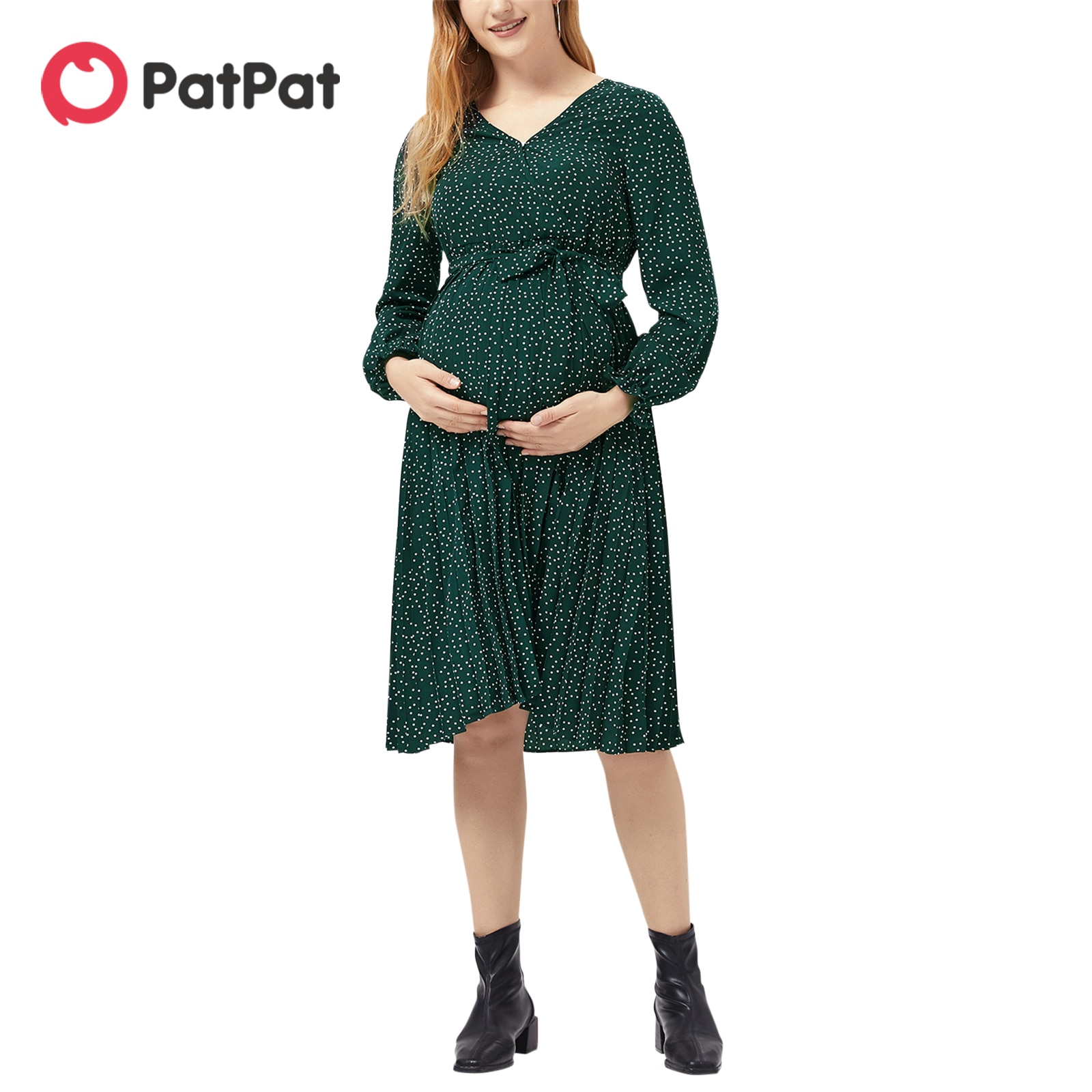 Patpat Verpleging Stip Lange Mouwen Gordel Jurk – Vicedeal