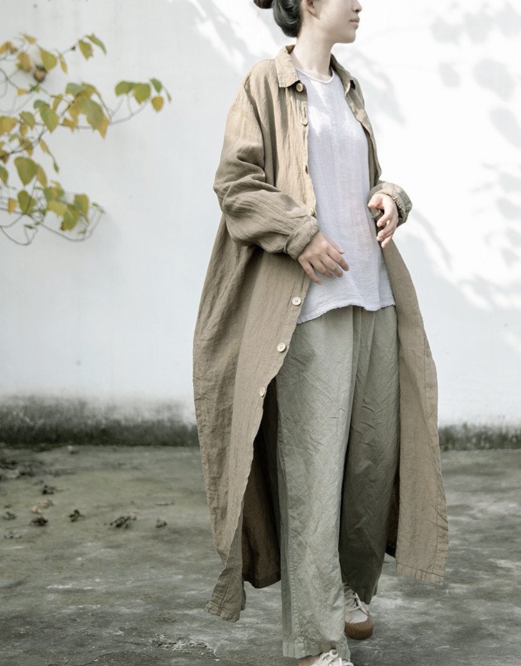 Women Loose Linen Solid Color Trench Coat Outerwea... – Grandado