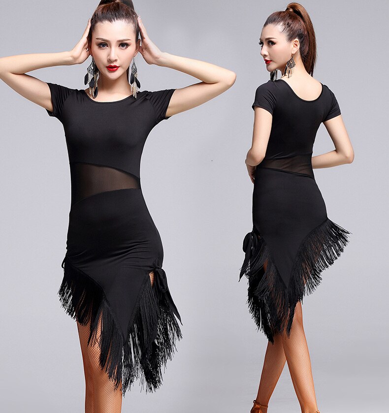 Latin Dance Dress Women Tassel V-Type Mesh Dance W... – Grandado