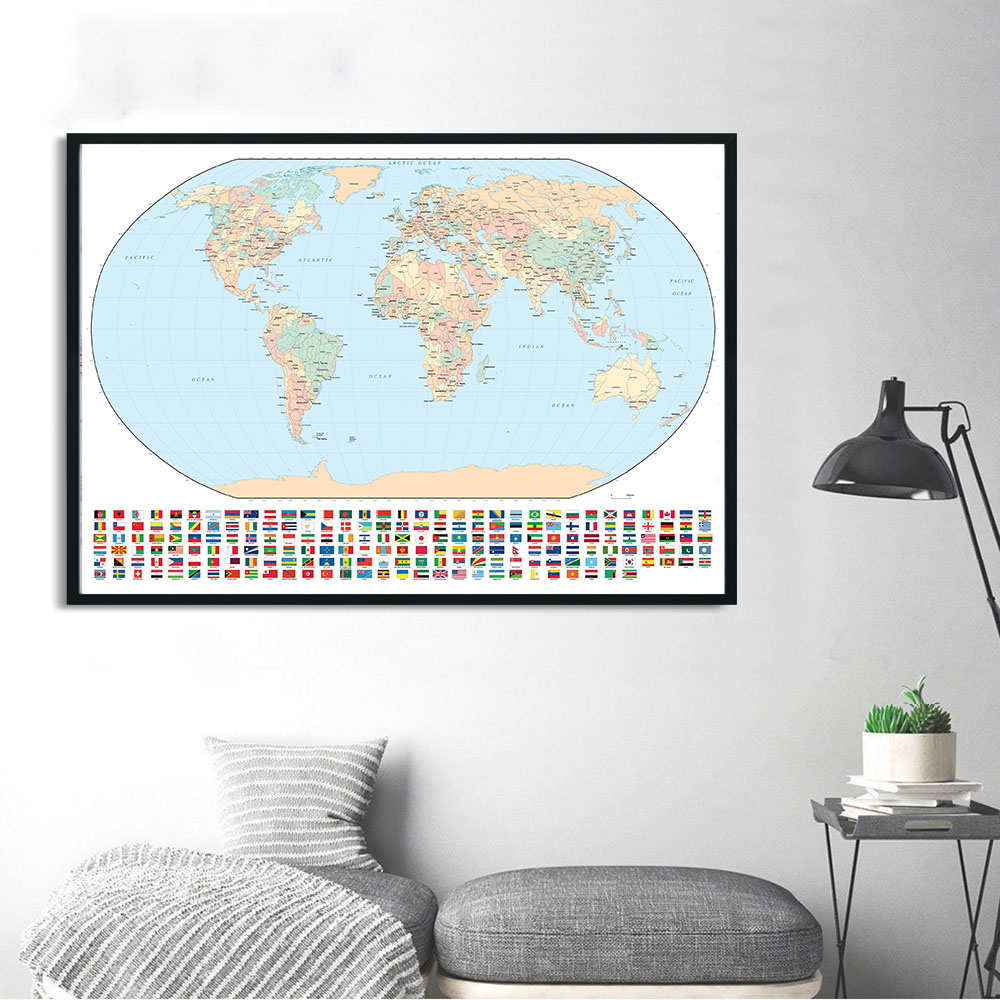 150x100cm Regular World Map with National Flags No... – Grandado