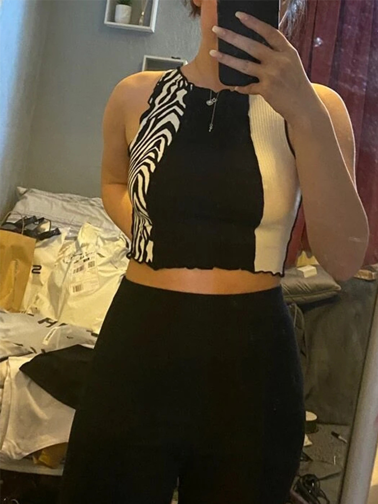 Y2K Preppy Style Zebra Stripe Print Colorblock Ruc... – Vicedeal