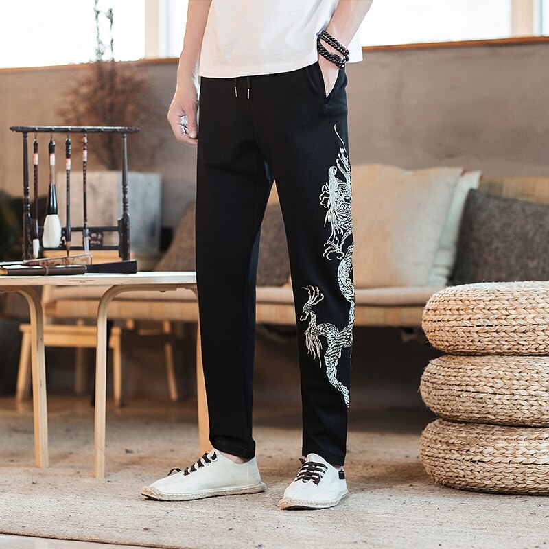 Men Casual Chinese Style Pants Dragon Embroidery L... – Grandado