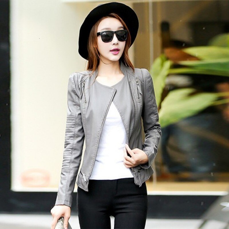 Autumn Women Pu Leather Jacket Ol Style Black Slim Grandado