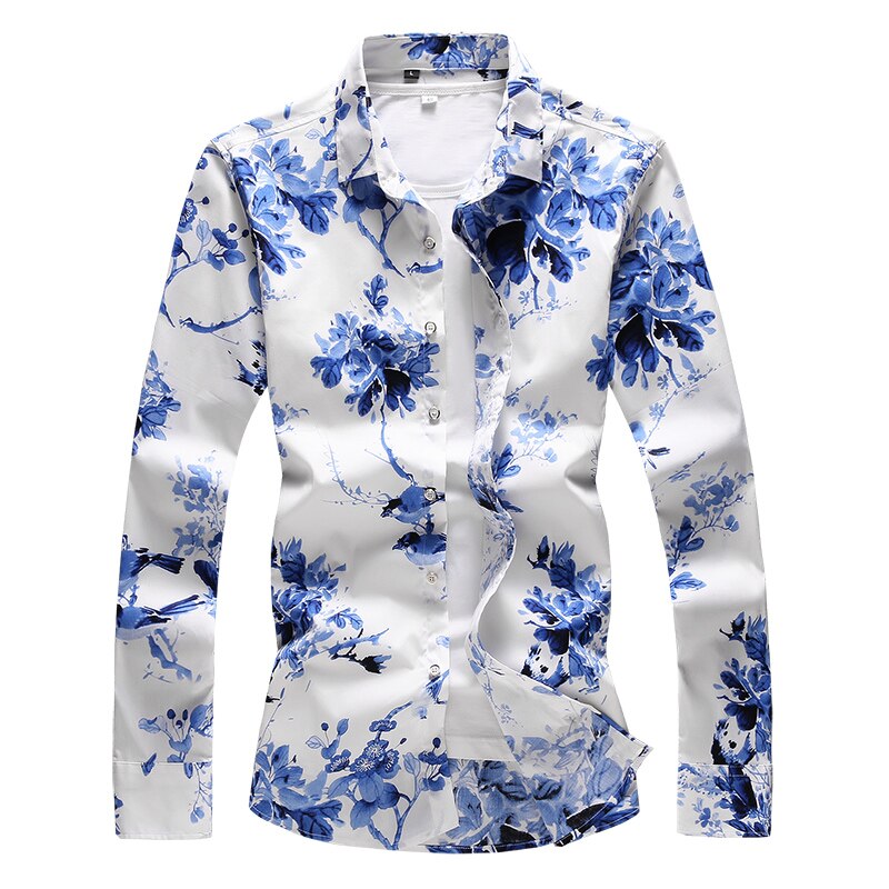 Lente Herfst Mannen Gedrukt Bloemen Wit Shirt Grot... – Grandado