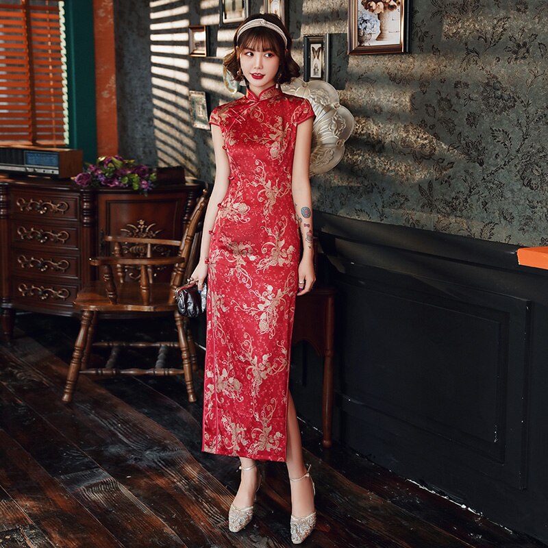 Cheongsam largo verde Huarong Vintage de manga cor... – Grandado