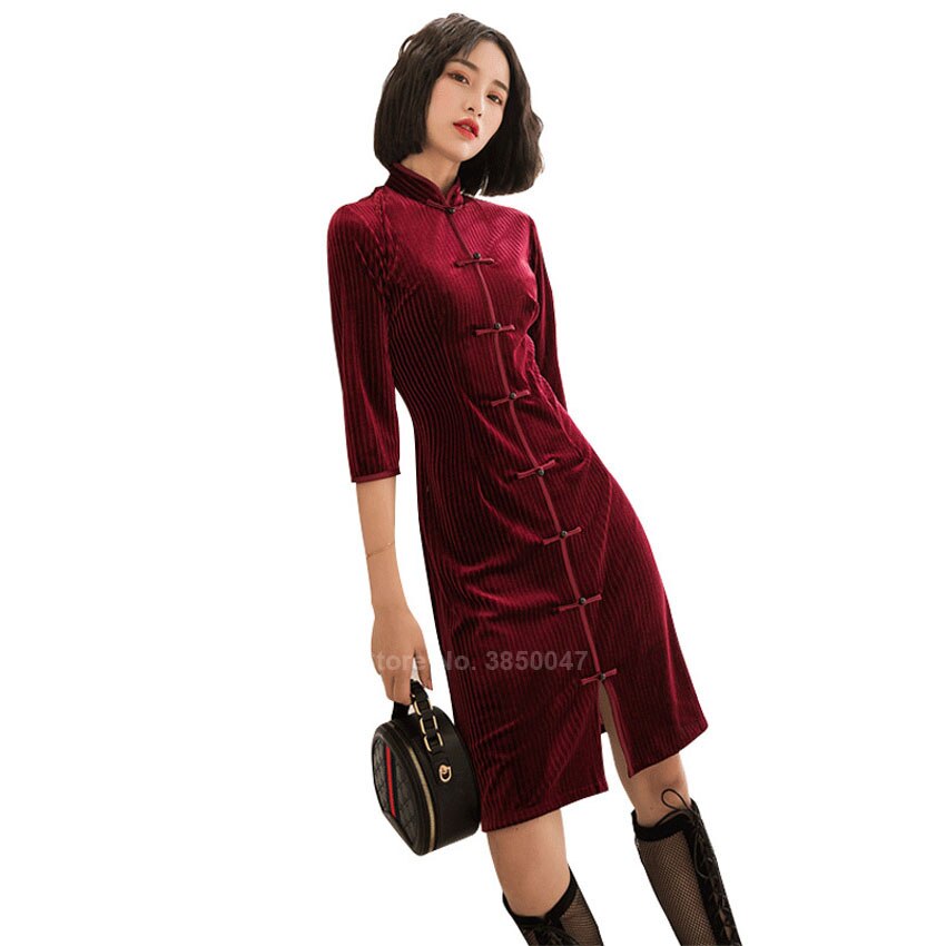 Autumn Winter Velvet Women Cheongsam Dress Traditi... – Vicedeal