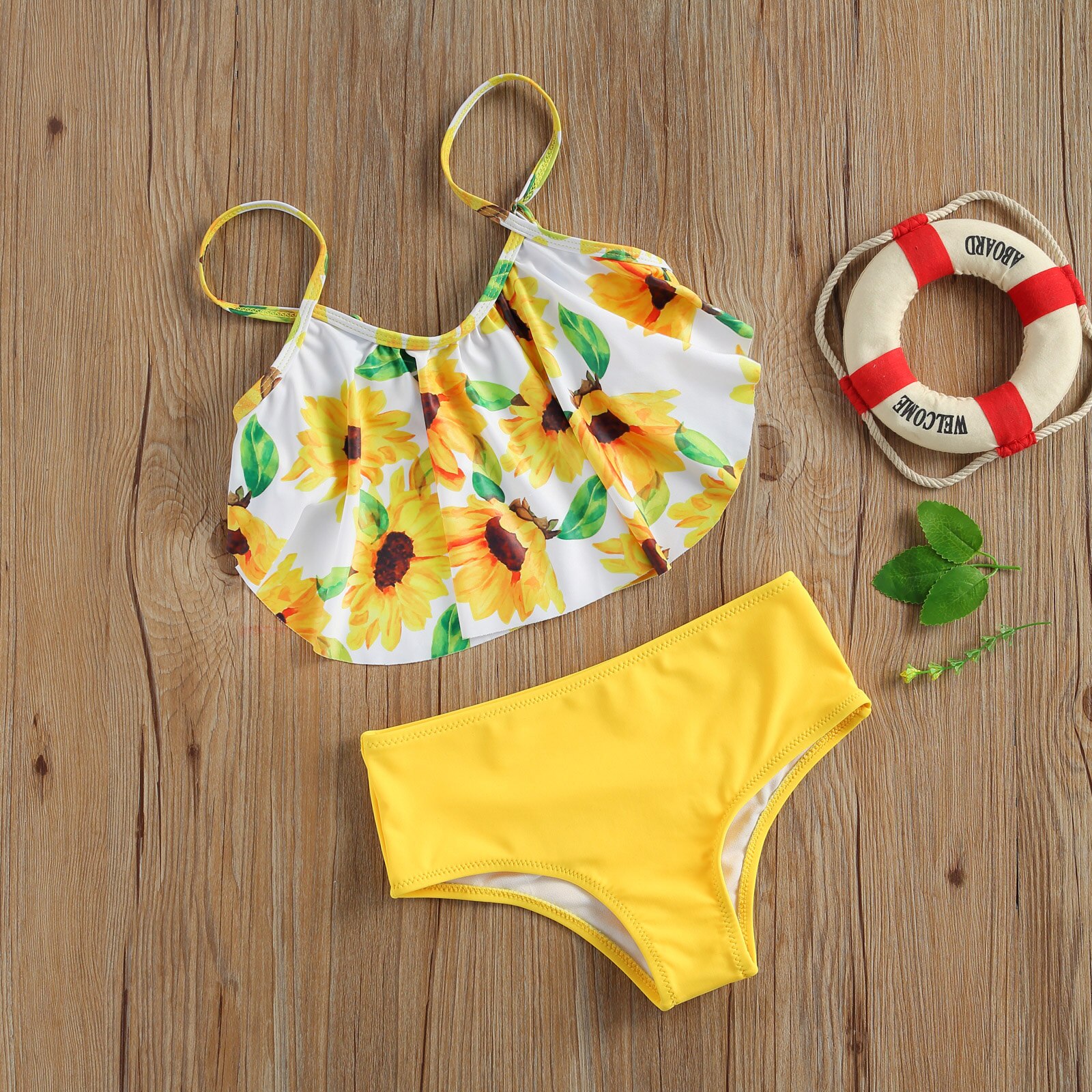 Girl Swimsuit Set Sunflower Print Sleeveless Ruffl... – Grandado