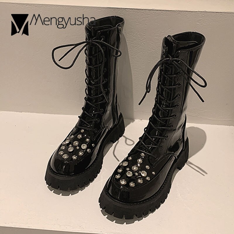 Shiny Lace up riding boots women crystal pearl stu... – Vicedeal