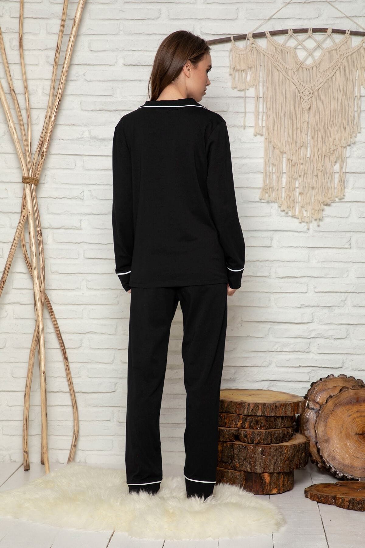 Women's Pajamas set Black Button Long Sleeve Cotto... – Vicedeal