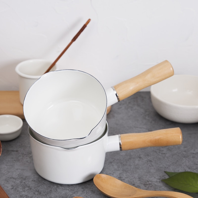 Enamel auxiliary food pot single wooden handle mil... – Grandado
