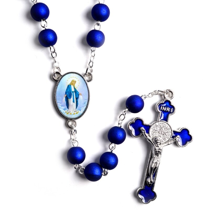 45BE Blue Acrylic Rosary Necklace Cross Pendant Ca... – Vicedeal