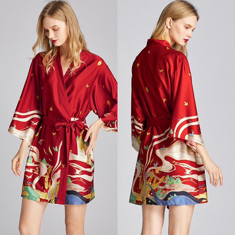 Women Luxury Silk Kimono Robe Bathrobe Nightgown L... – Grandado