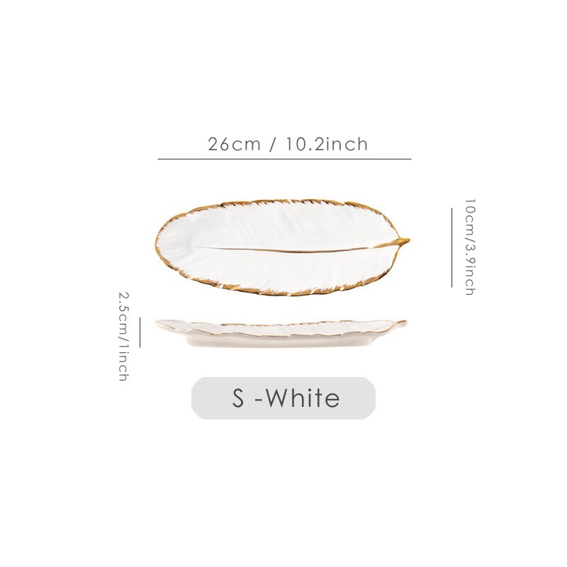 White Banana Leaf Shape Ceramic Plate Gold Porcela... – Vicedeal