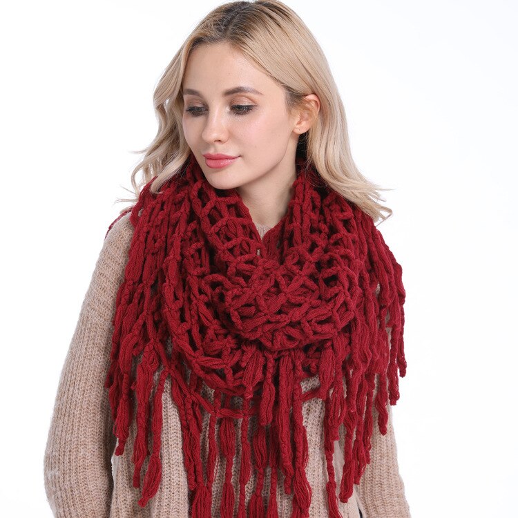 Solid Crochet Infinity Scarf with Tassels Soft War... – Grandado Solid Crochet Infinity Scarf with Tassels Soft War... – Grandado