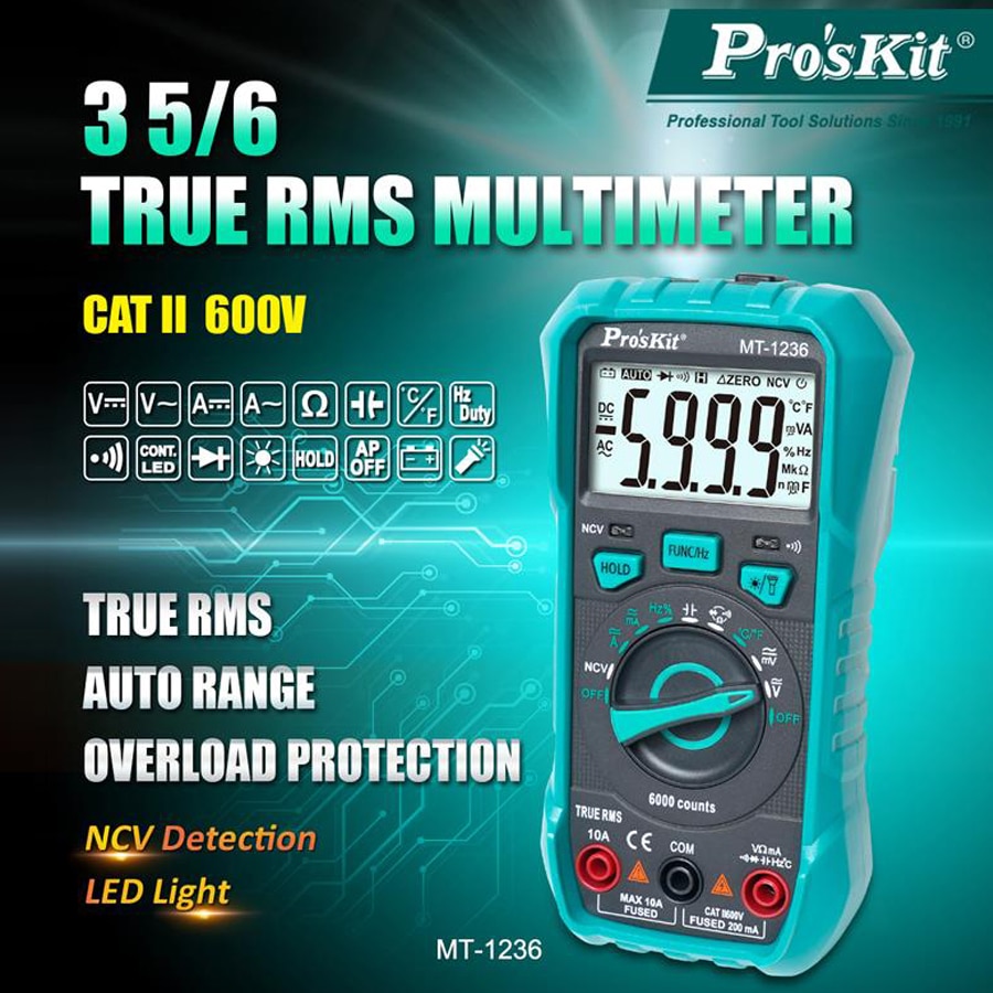 Pro'sKit MT-1236 3-5/6 True-RMS Digital Multimeter... – Grandado