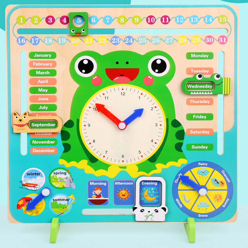 Cartoon Frog Calendar Clock Set Children Wood Weat... – Grandado
