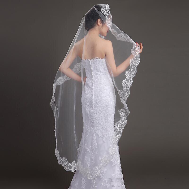 Lace Wedding Veil Simple Tulle White Ivory One Lay... – Grandado