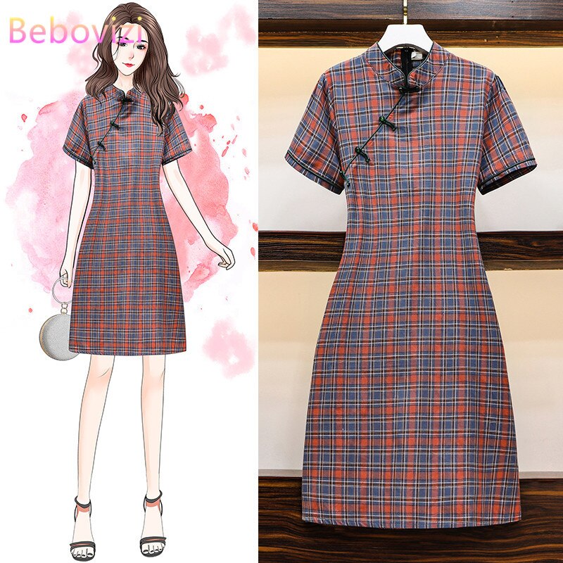 M-4XL Plus Size Rode Plaid Mode Vintage Chinese Tr... – Grandado
