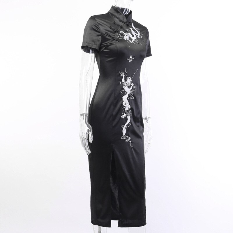 Kvinder sort vintage kjole cheongsam hånd knap lan... – Grandado