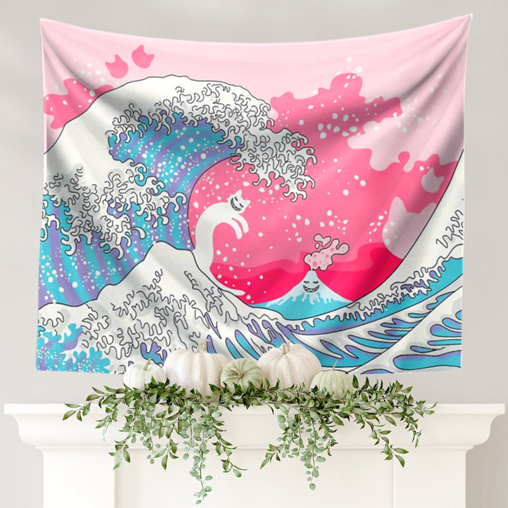 Cute Pink Kanagawa Wave Tapestry Wall Hanging Japa... – Grandado