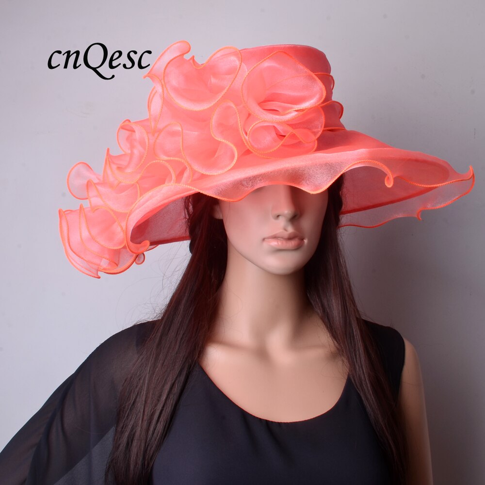 coral orange pink Large crystal organza hat sinama... – Grandado