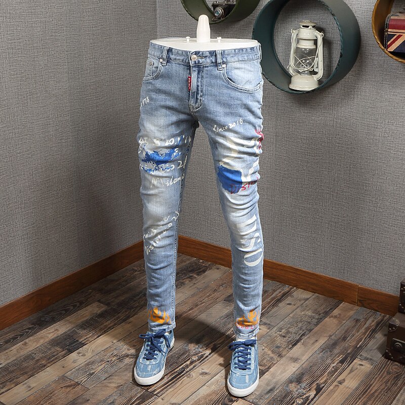 American streetwear herr jeans ljusblå slim fit pr... – Grandado