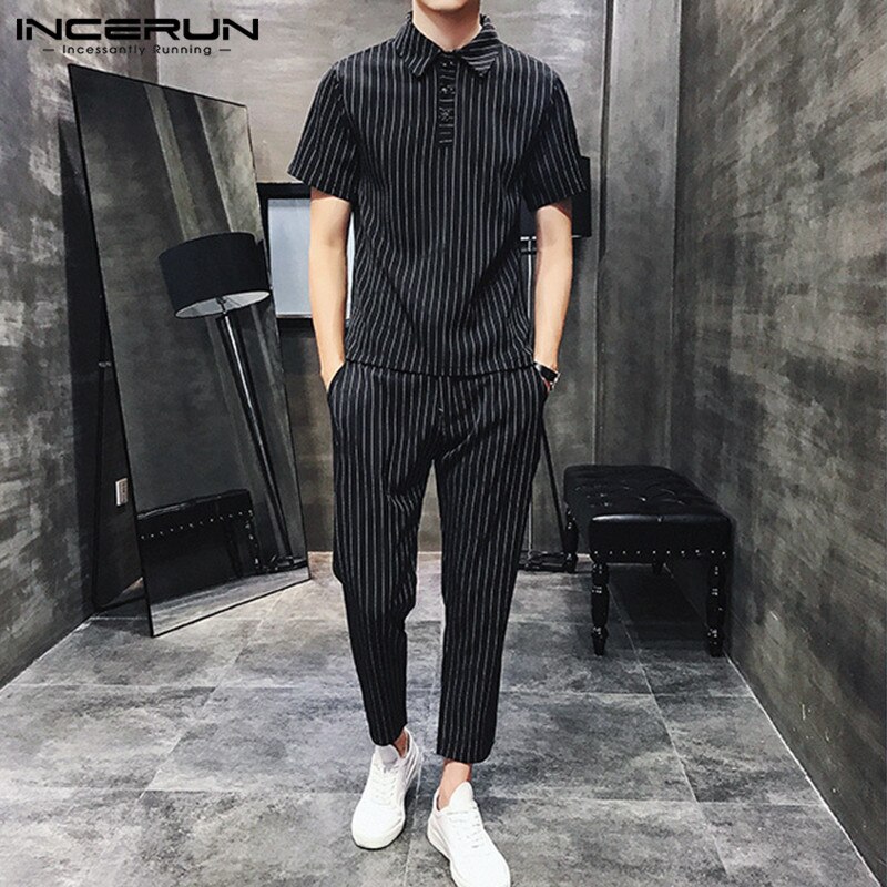 Zomer Mannen Sets Gestreepte Korte Mouwen Revers C... – Vicedeal