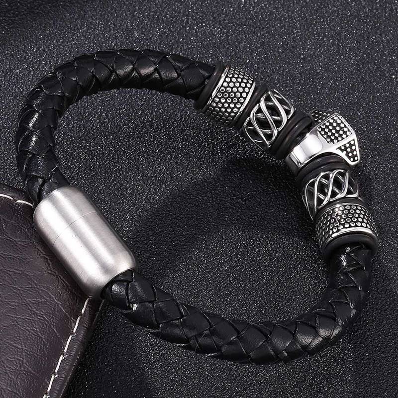FORTAFY Male Black Braided Leather Lion Bracelet M... – Grandado
