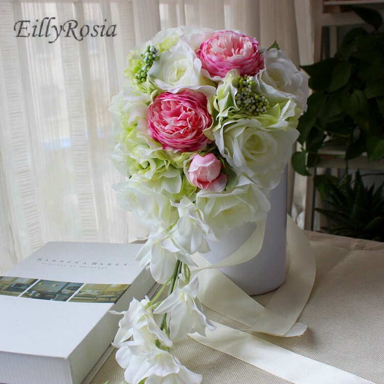 Ramo de novia Weiß Rosen Seide Runde Brosche Blume... – Vicedeal