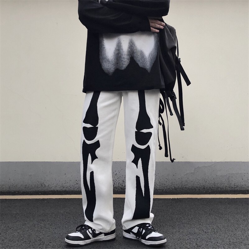 Aesthetic Grunge Jeans Men Skeleton Print Straight... – Vicedeal