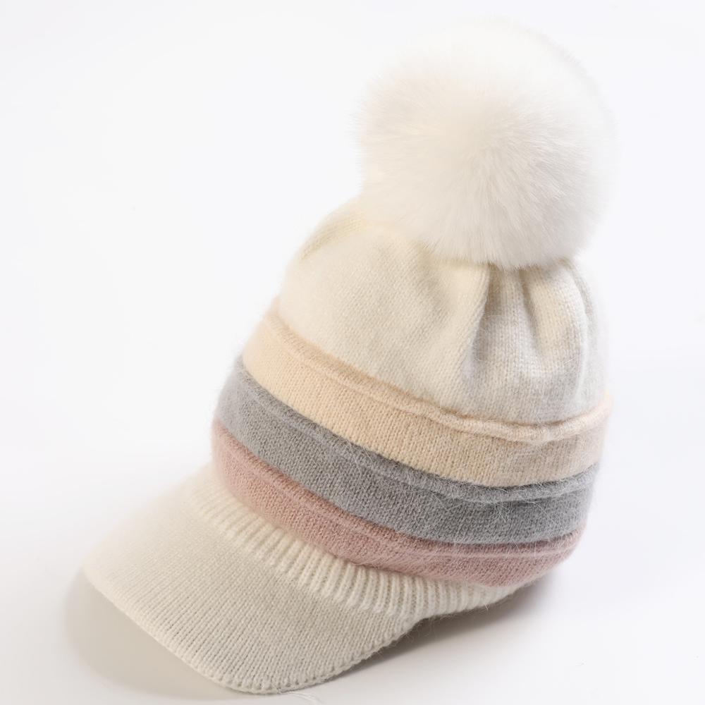 Fur Ball Caps With Fleece Thickening Knitted Visor... – Grandado