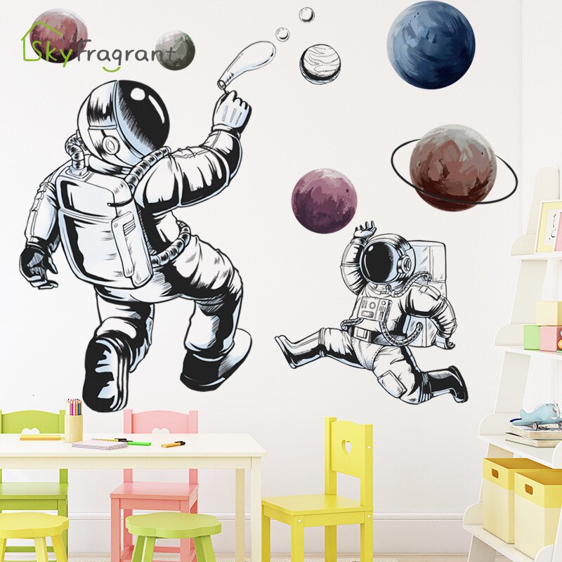 Cartoon Muur Sticker Astronaut Space Planeet Jonge... – Grandado