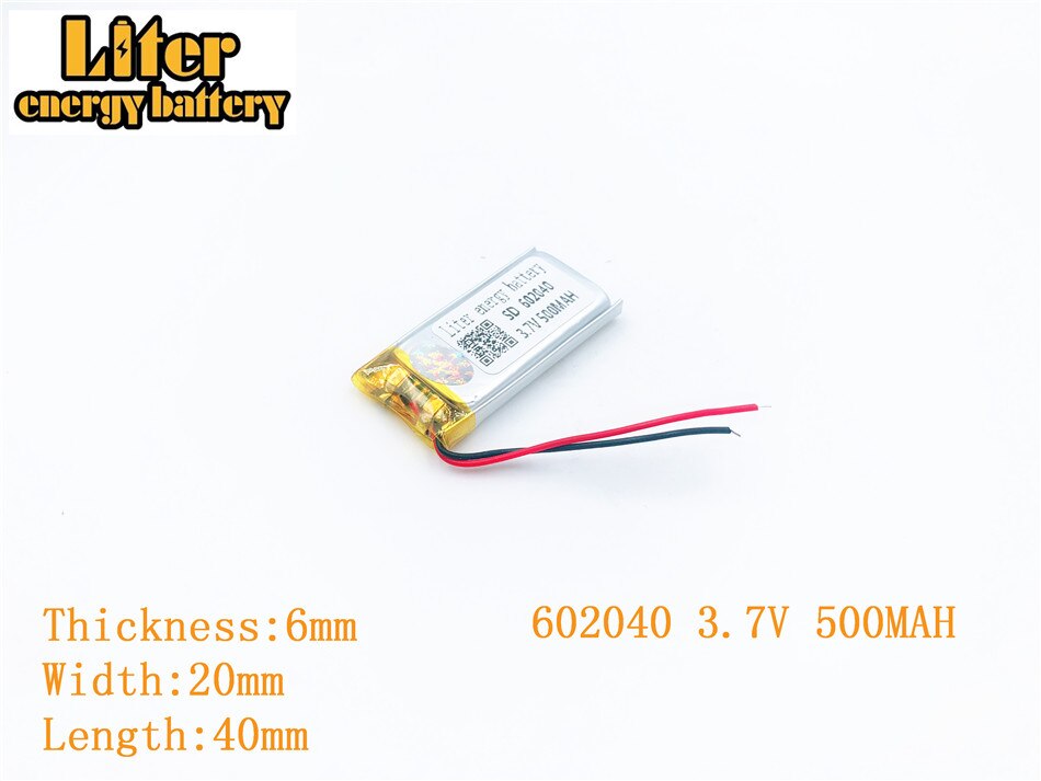 Liter energy battery 3.7V 500mAh 602040 plug Lithium Polymer ...