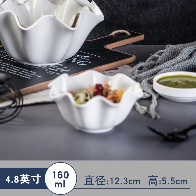 White Ceramic Irregular Salad Bowl Curling Edge Di... – Vicedeal