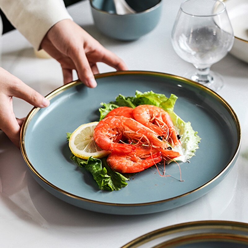 Pure Color Ceramic Plate Set Gold Inlaid Breakfast... – Grandado