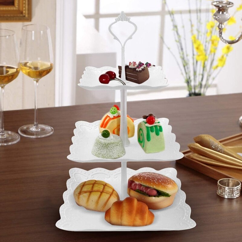 Three Tiers White Cake Display Stand, Plastic Squa... – Grandado
