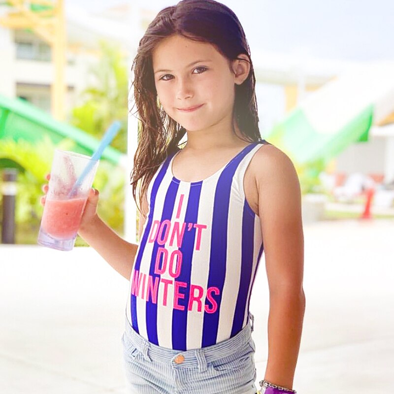 Girls Swimsuit One Piece Blue Stripe Printed Summe... – Vicedeal