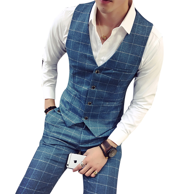 Men's Blue Plaid Suit Vest and Pants, Autumn Waist... – Grandado