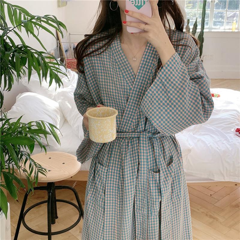 japanese kimono plaid women bathrobe night wear sl... – Grandado