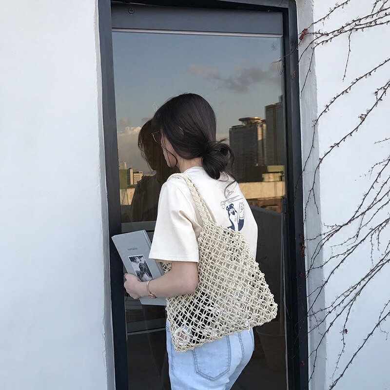 hand-woven hollowwork straw bag paper rope grid wi... – Grandado