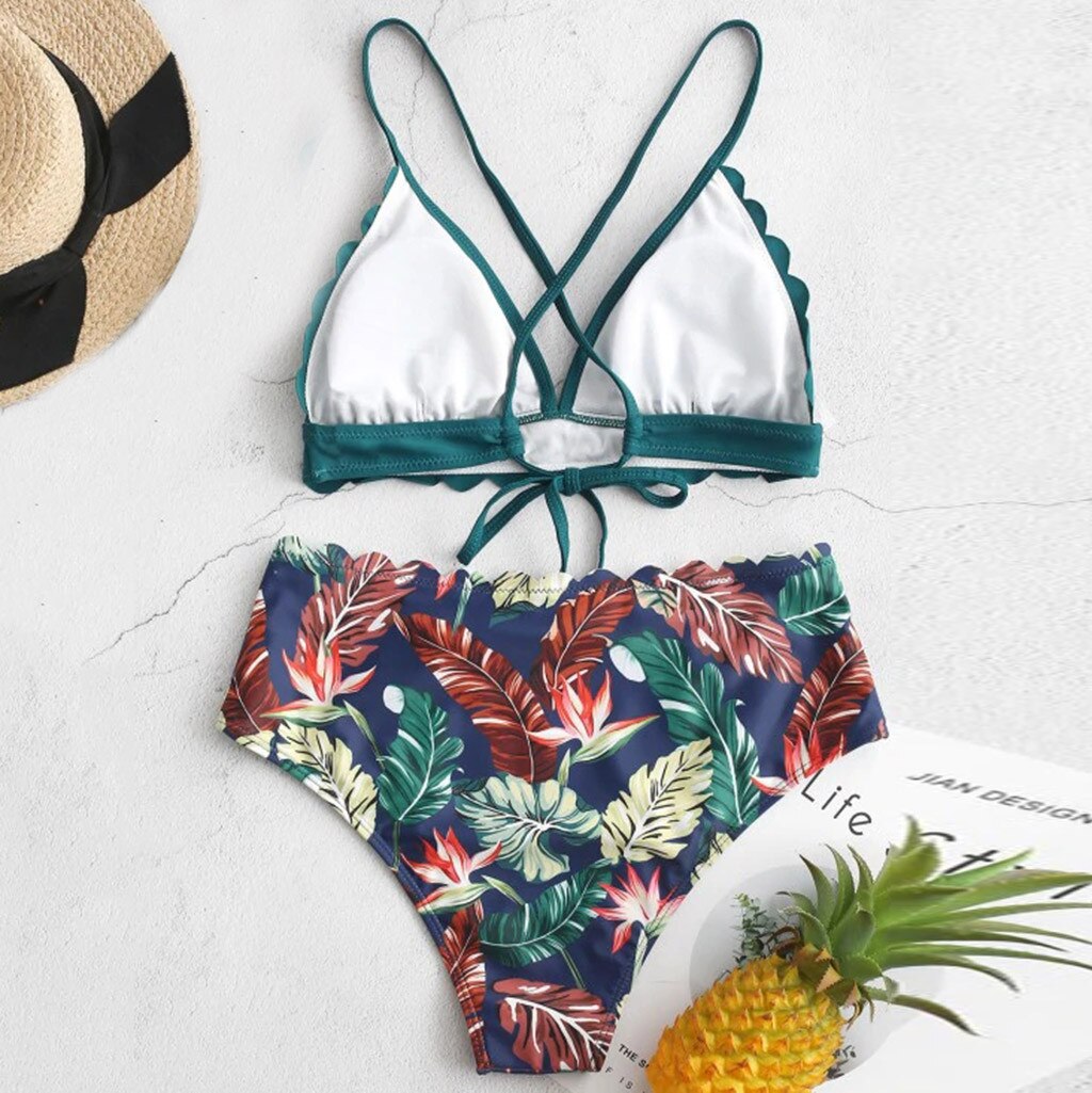 Women Crisscross Back Leaf Print High Waist Bikini... – Vicedeal