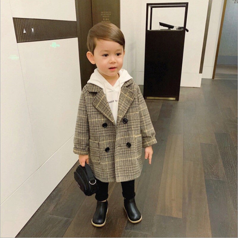 Fall Winter Kid Boy Plaid Jacket Lapel Neck Long-S... – Vicedeal