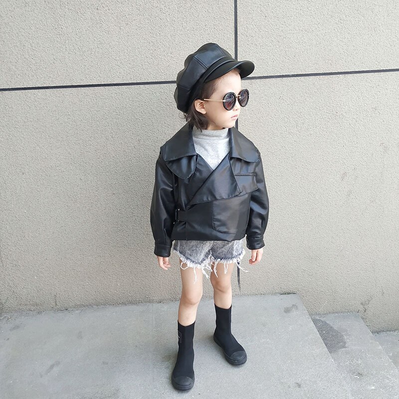 Girl's coat Large Lapel Leather Coat PU Leather Co... – Grandado