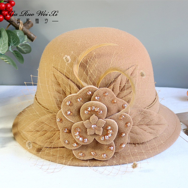 Winter Bucket Fedora Hat Women Felt Wool Flower wo... – Grandado