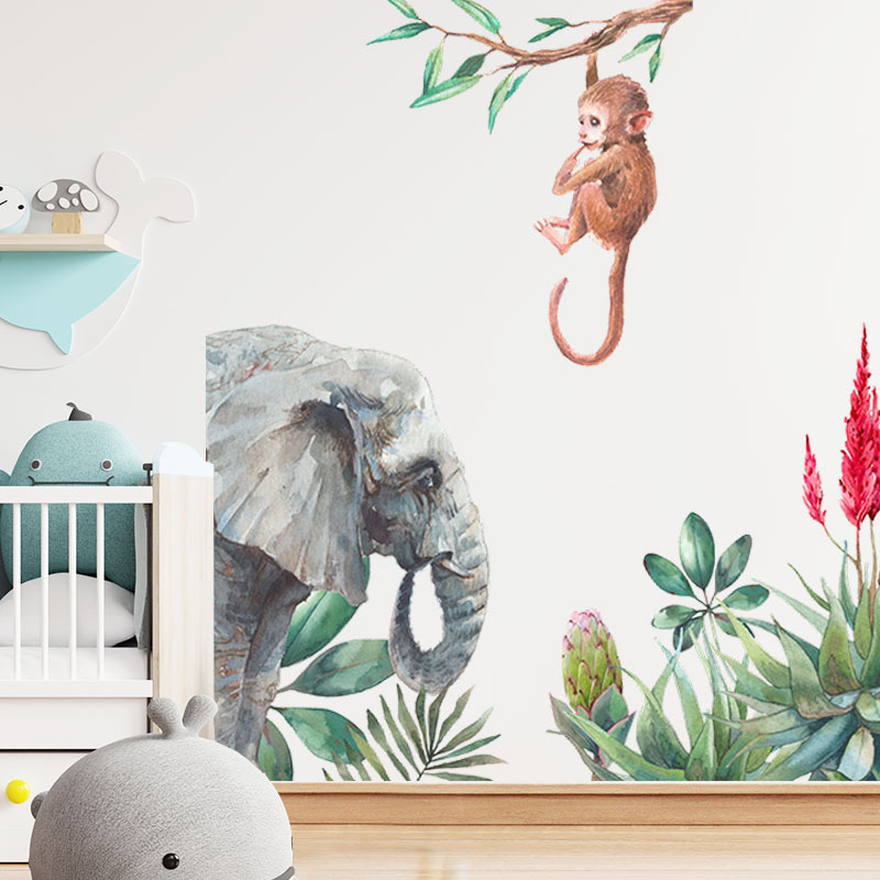 Cartoon Monkey Elephant Wall Sticker Kids Baby Roo... – Grandado