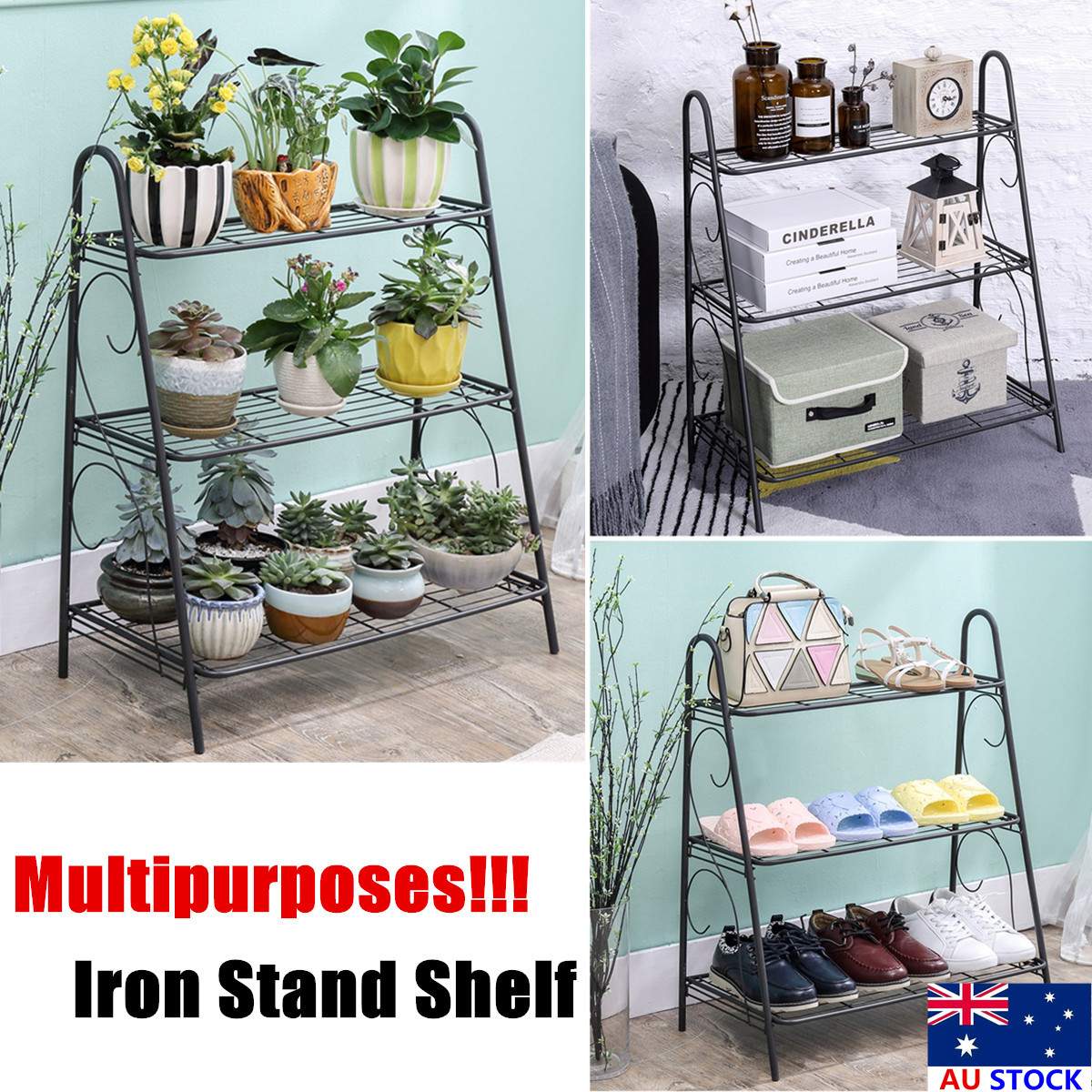 3-Lagen Iron Plant Stand Succulent Plank Rack Balk... – Grandado