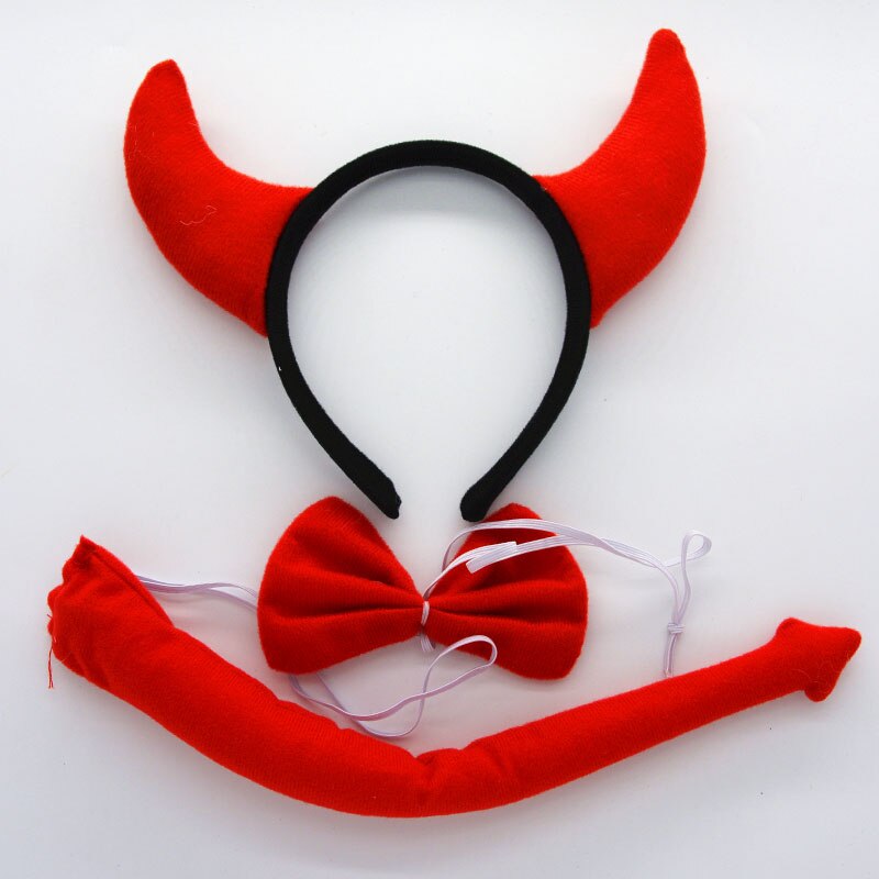 Black Red Devil Horns Headband Tail Tie Kids Adult... – Grandado