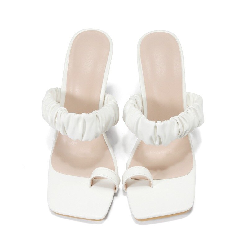 Meotina Slippers Women Pleated Mid Heel Shoes Squa... – Grandado